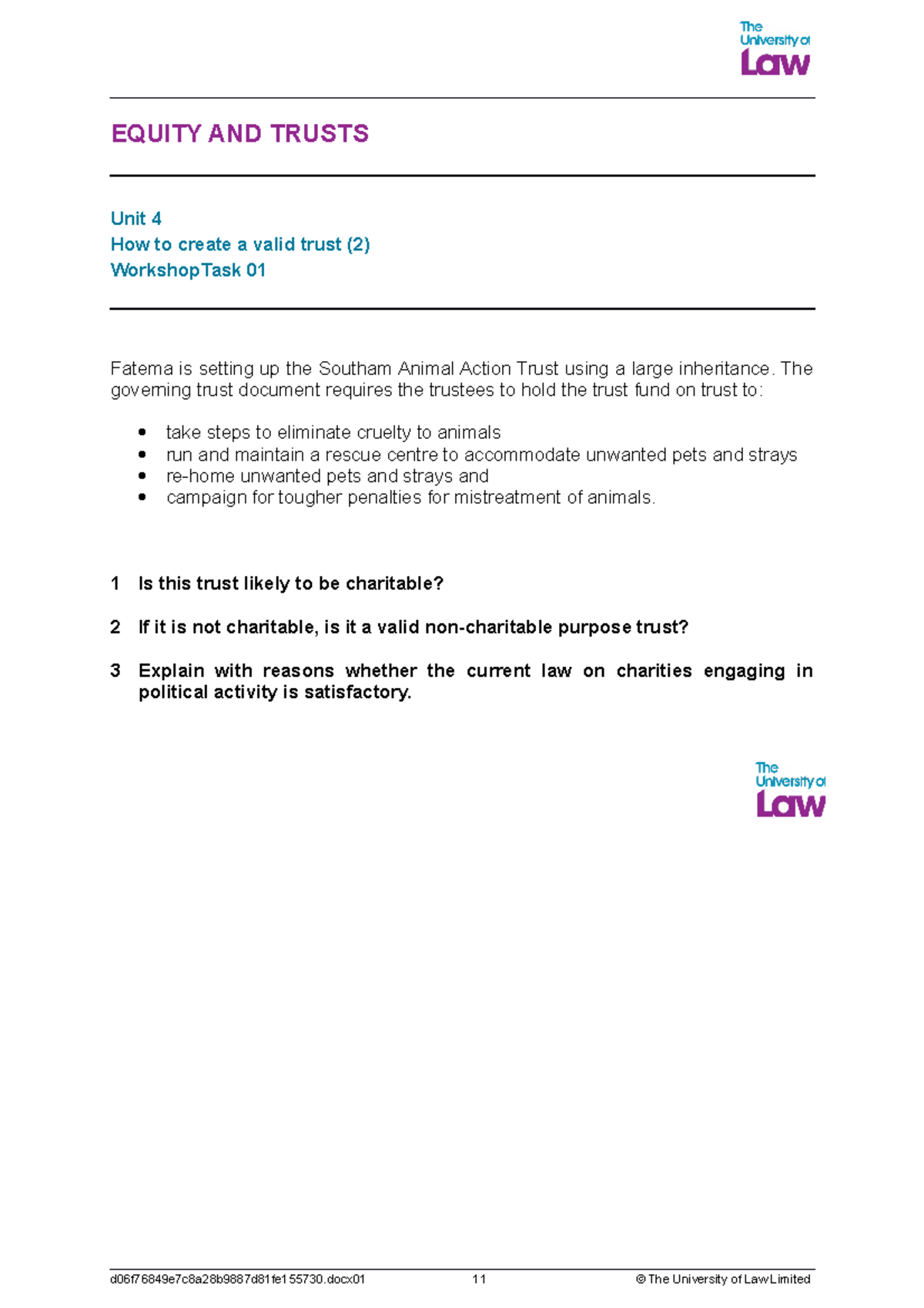 Equity and trust workshop 4 task 1 - EQUITY AND TRUSTS Unit 4 How to ...