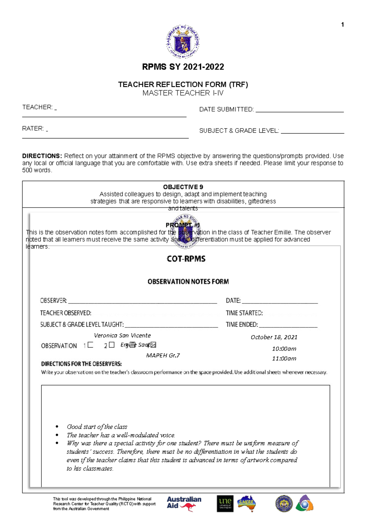 [Appendix 4B] Teacher Reflection Form for MT I-IV for RPMS SY 2021-2022 ...