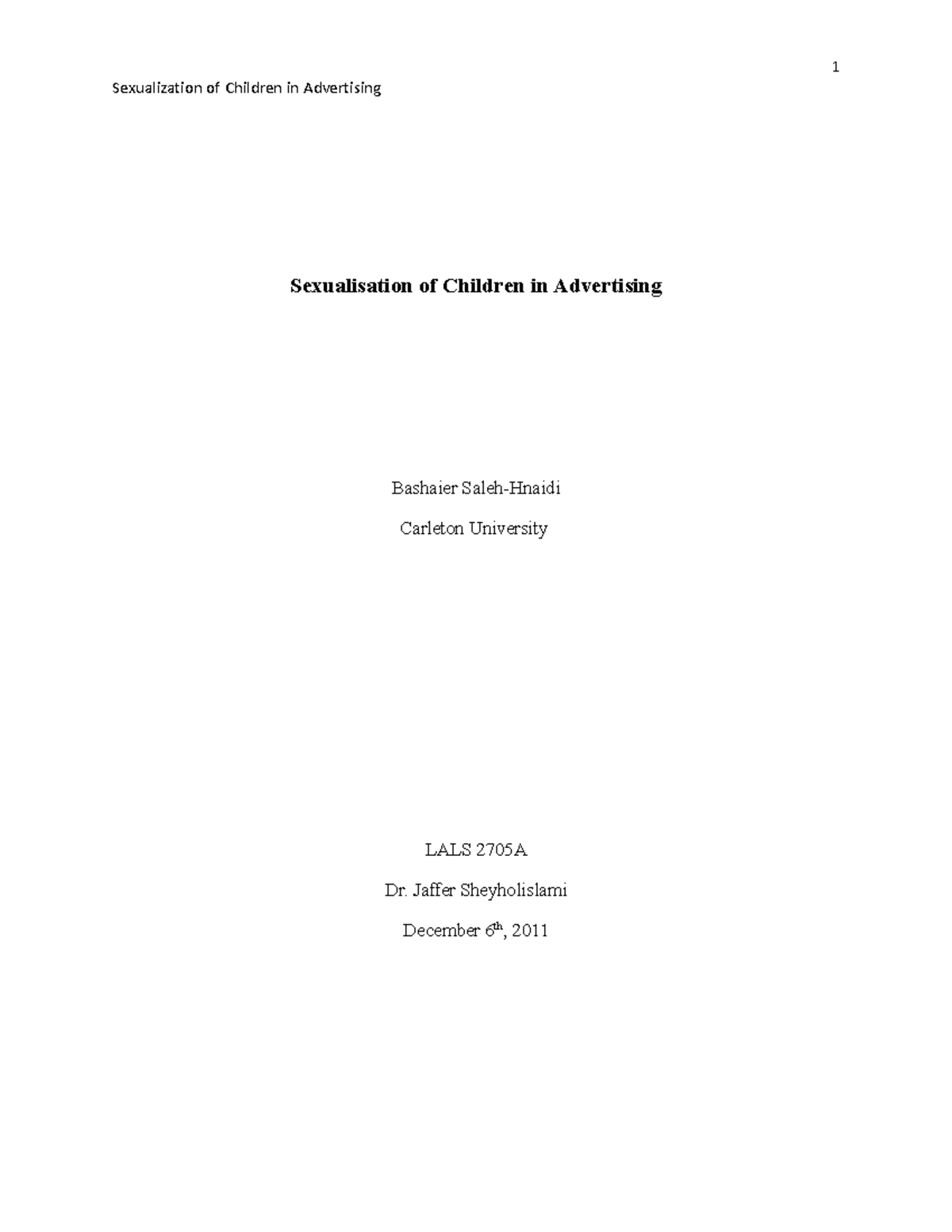 Sexualisation of Children in Advertising Final Paper - Sexualization of ...