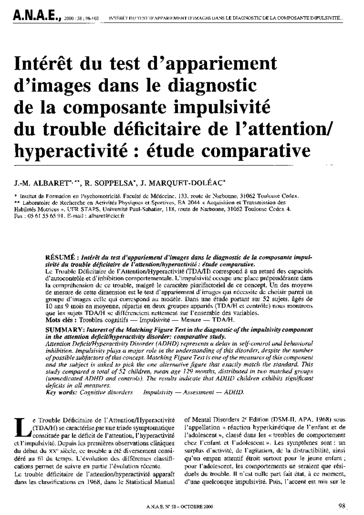 Test d'appariement - Tai - A.N.A., 58 INTÉRÊT DU TEST APPARIEMENT DANS ...