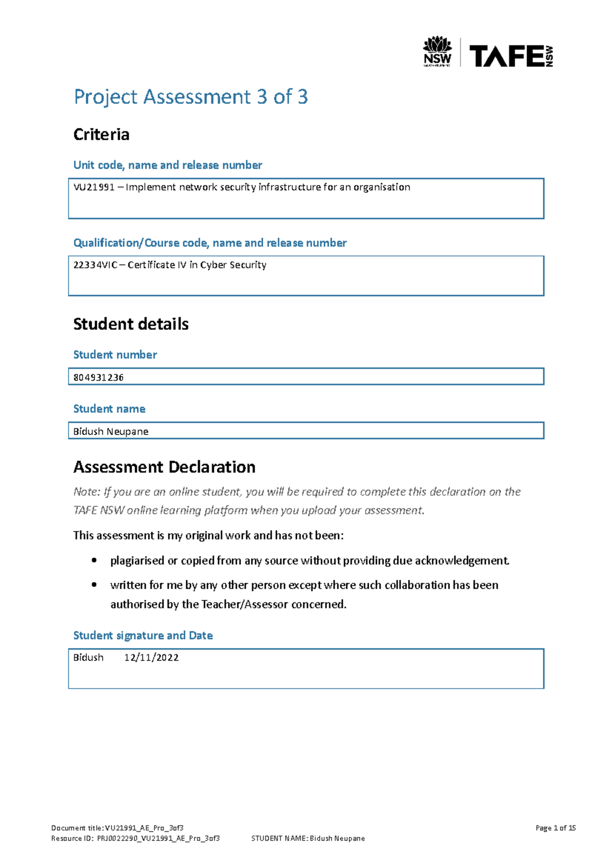 VU21991 AE Pro 3of3 - assignment term 1 - Project Assessment 3 of 3 ...