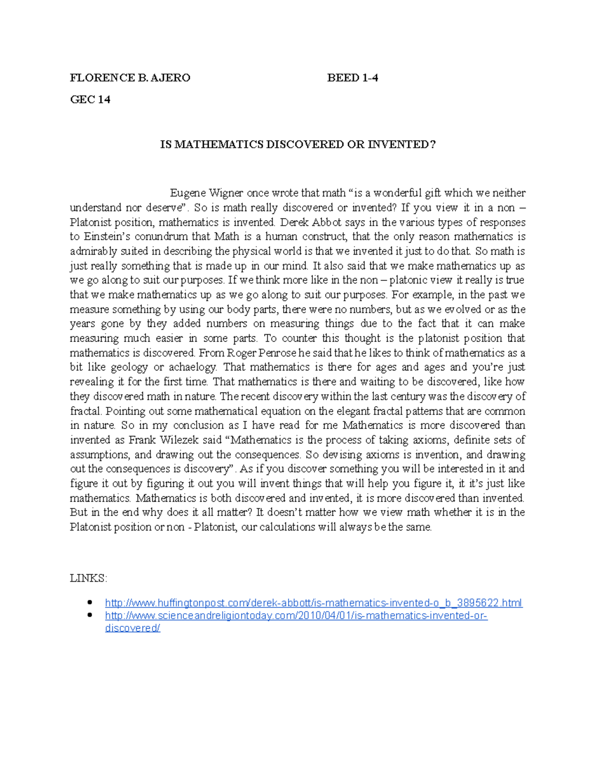 Is math Discovered or Invented - FLORENCE B. AJERO BEED 1- GEC 14 IS ...