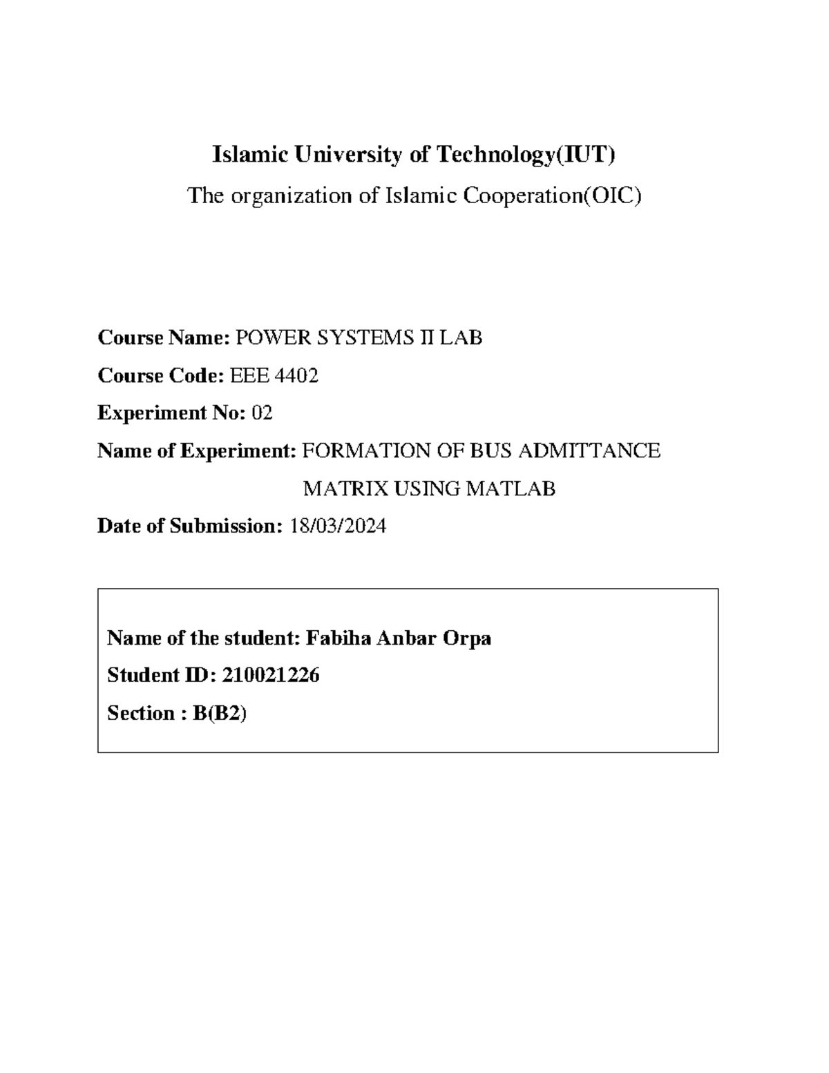 210021226 Exp 02 - Lab report - power system 2 - Islamic University of ...