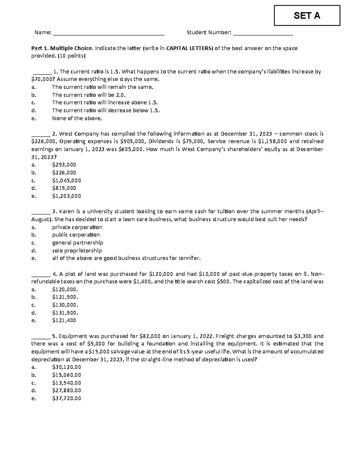Quiz 1A - Quiz questions and answers - Name: ___________________________________ Student Number ...