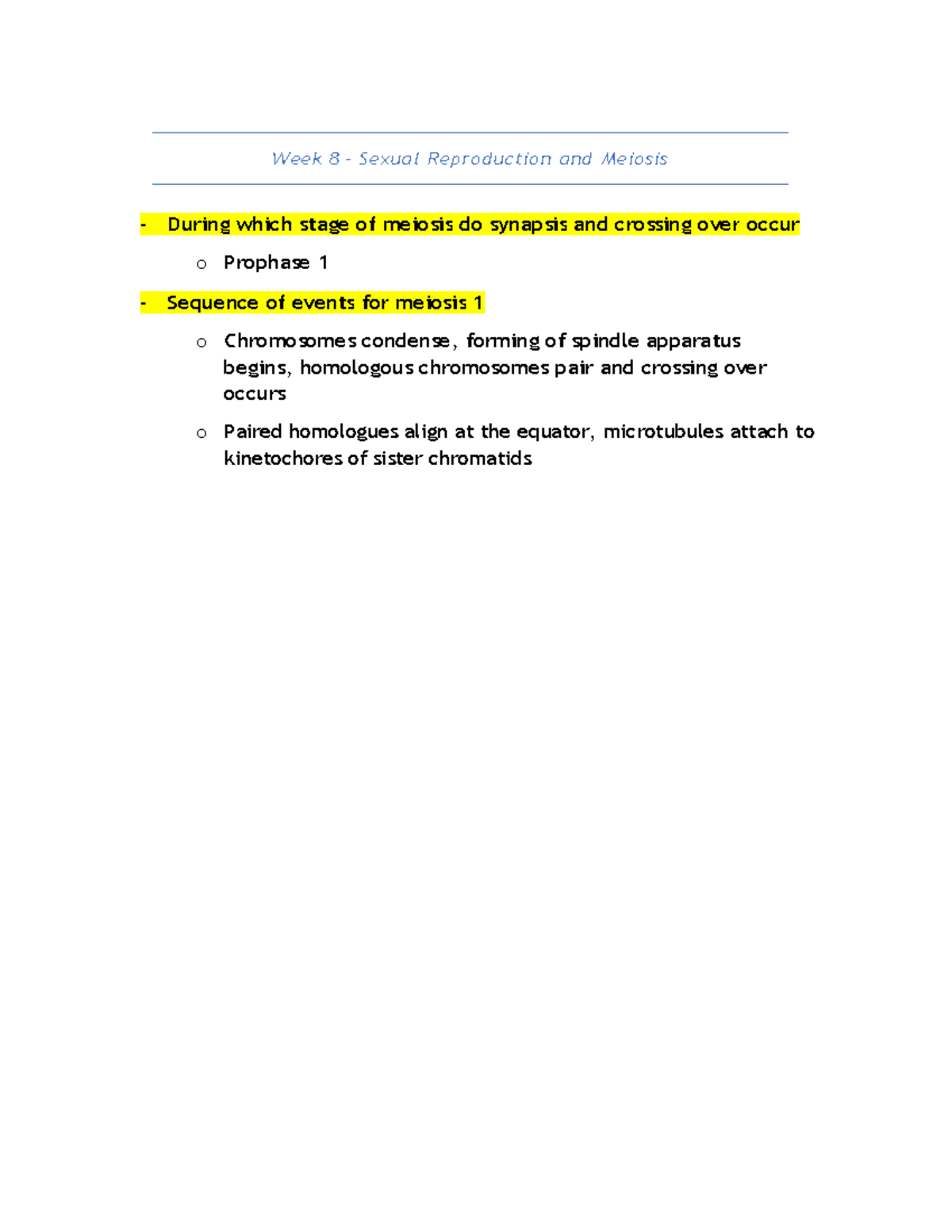 Week 8 Lecture Notes 8 Week 8 Sexual Reproduction And Meiosis During Which Stage Of 