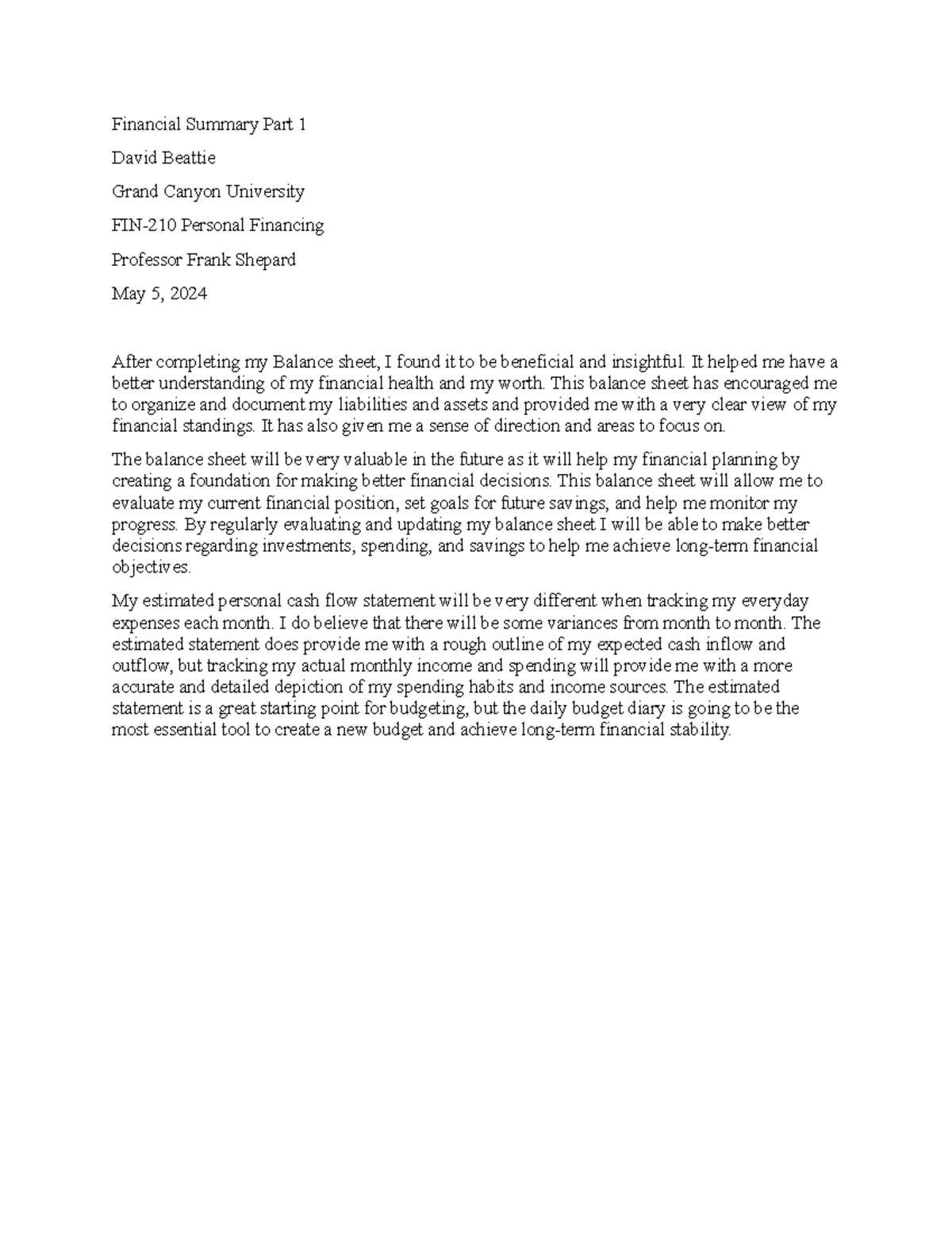 Fin-210 Financial portfolio Project Part 1 - Financial Summary Part 1 ...