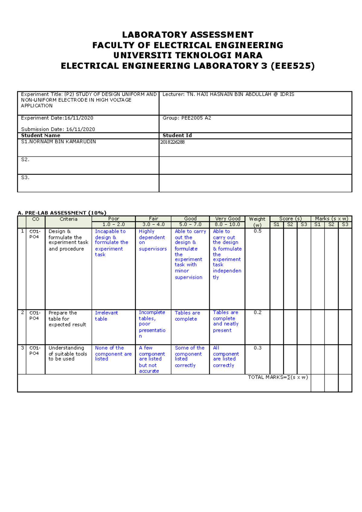 Prelab p2 - naim - lab manual - LABORATORY ASSESSMENT FACULTY OF ELECTRICAL ENGINEERING ...