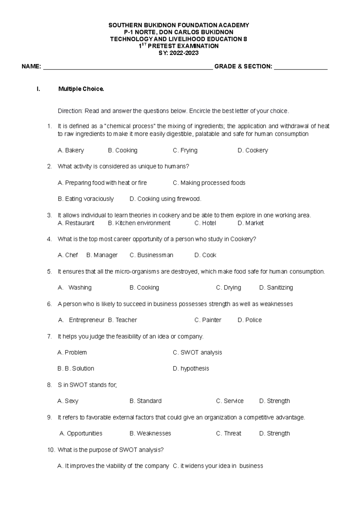 Grade 8 - DIAGNOSTIC TEST - SOUTHERN BUKIDNON FOUNDATION ACADEMYP-1 ...