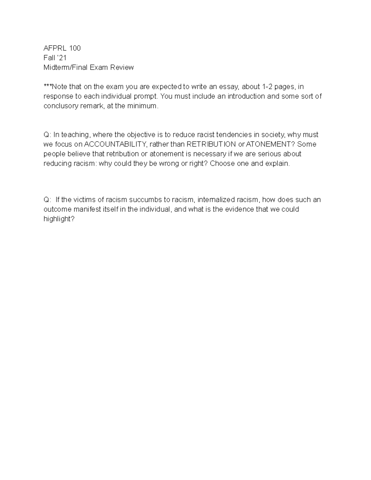 Afprl 100 - Exam Review Questions - AFPRL 100 Fall ‘ Midterm/Final Exam ...