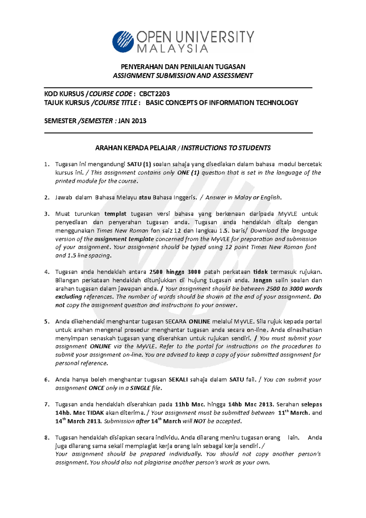CBCT2203 - assignment - PENYERAHAN DAN PENILAIAN TUGASAN ASSIGNMENT SUBMISSION AND ASSESSMENT ...