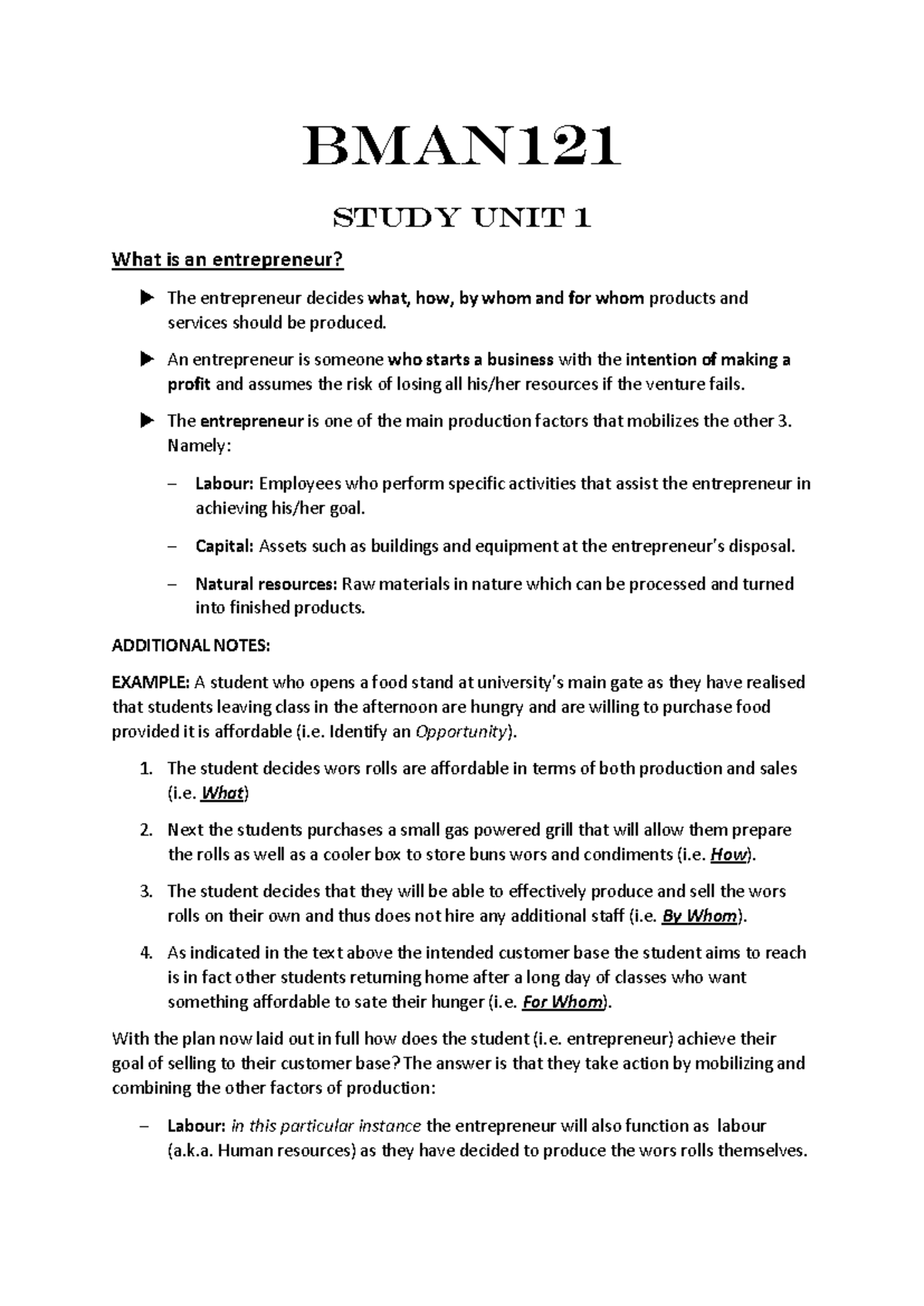 BMAN121 - Summary Introduction to Business Management - BMAN Study Unit ...