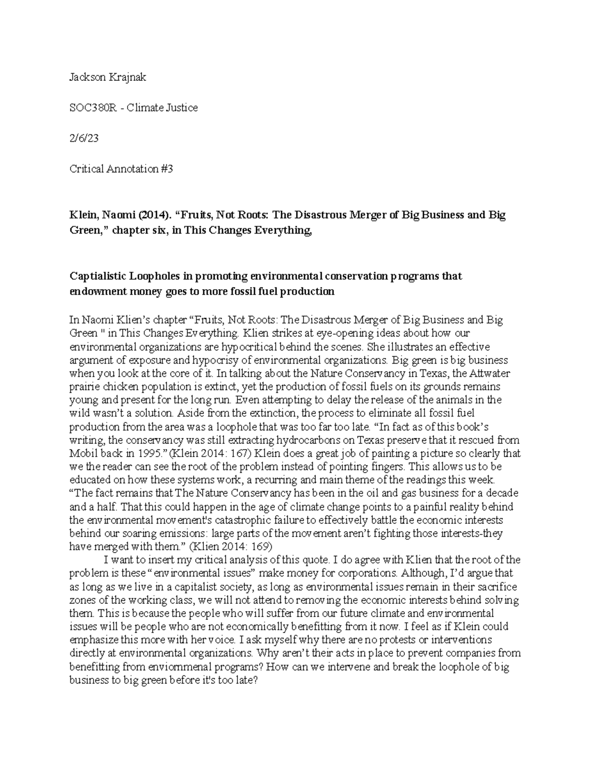 Critical Annotation HW #3 - Jackson Krajnak SOC380R - Climate Justice 2 ...