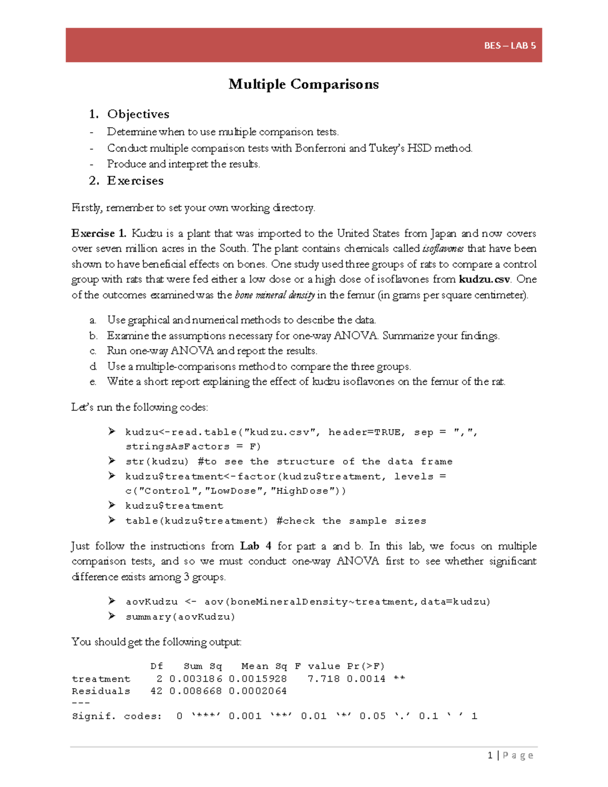 BES - R Lab 5 - ưdegùeídcnsbckhaje - Multiple Comparisons 1. Objectives ...