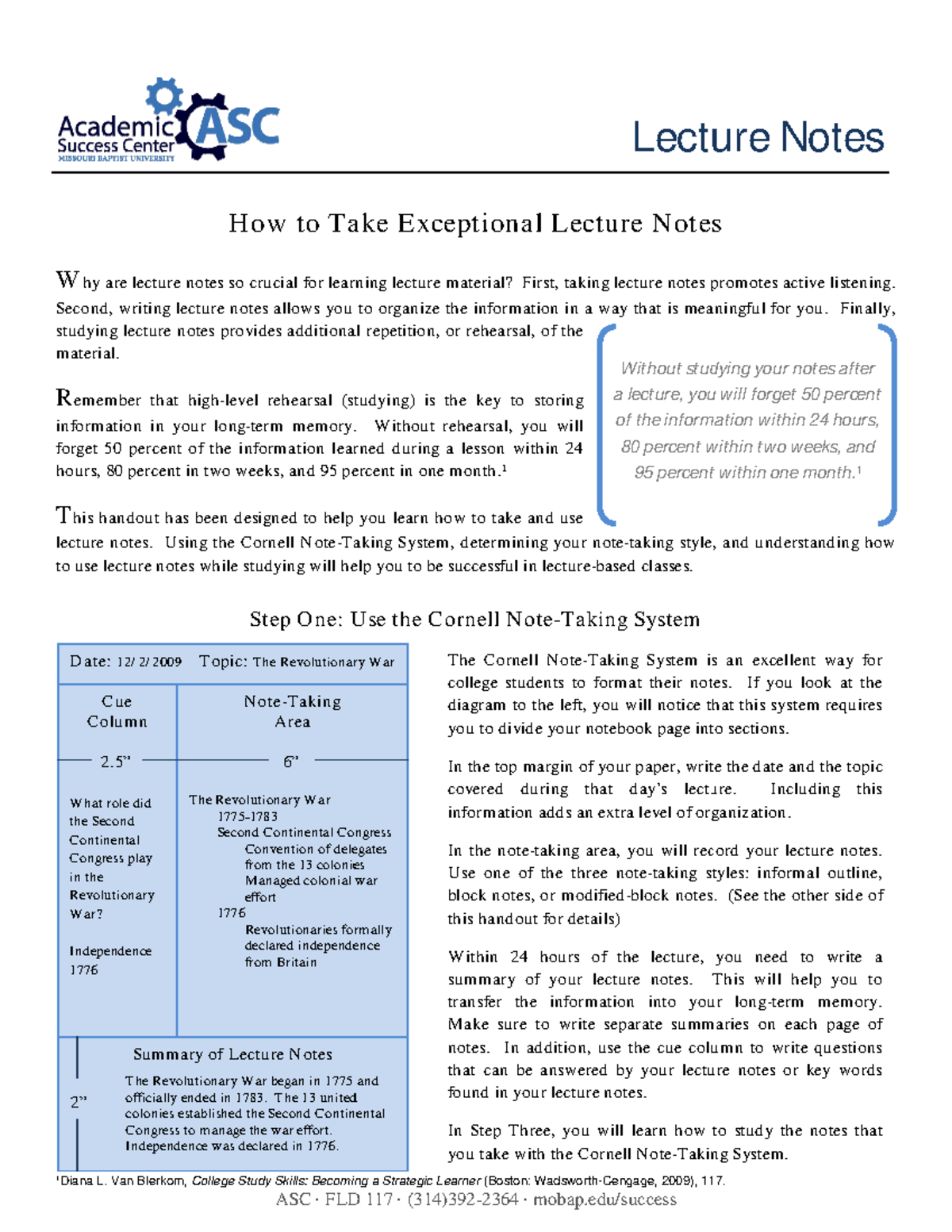 Lecturenotes - sir gab - ¹Diana L. Van Blerkom, College Study Skills ...