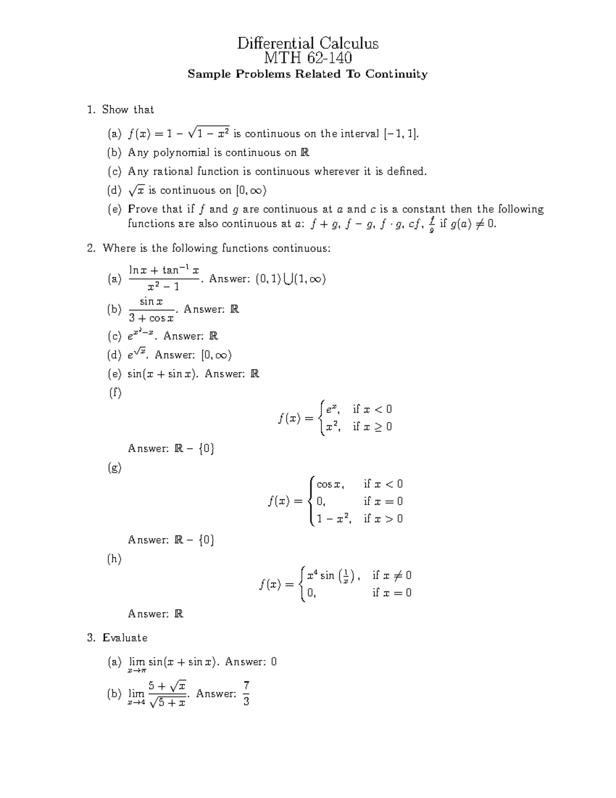 Sample Problems For Continuity - Differential Calculus MTH 62- Sample ...