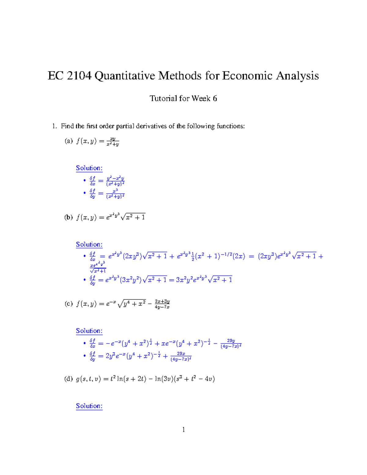 Tutorial Week6 - EC 2104 Quantitative Methods for Economic Analysis Tutorial for Week 6 Find the ...