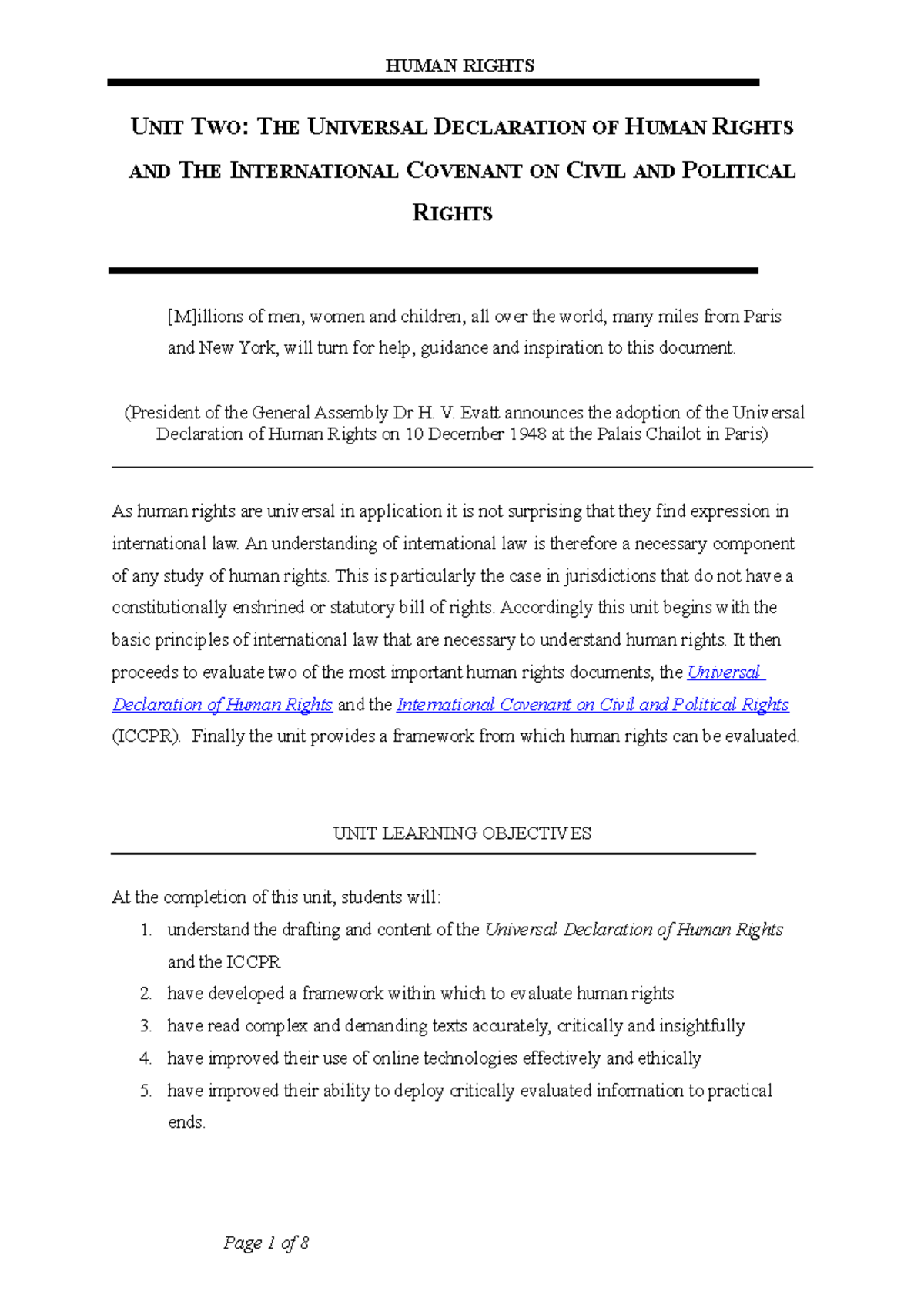 Week 2 Lecture Material - UNIT TWO: THE UNIVERSAL DECLARATION OF HUMAN ...