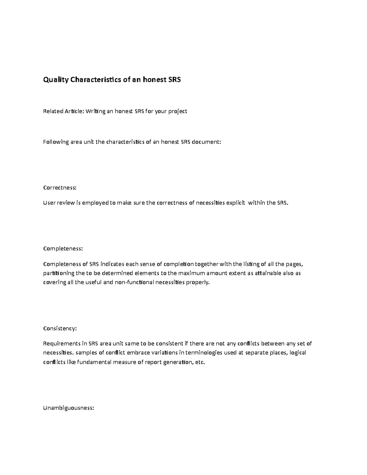 Quality Characteristics of an honest SRS - Software Engineering - Studocu