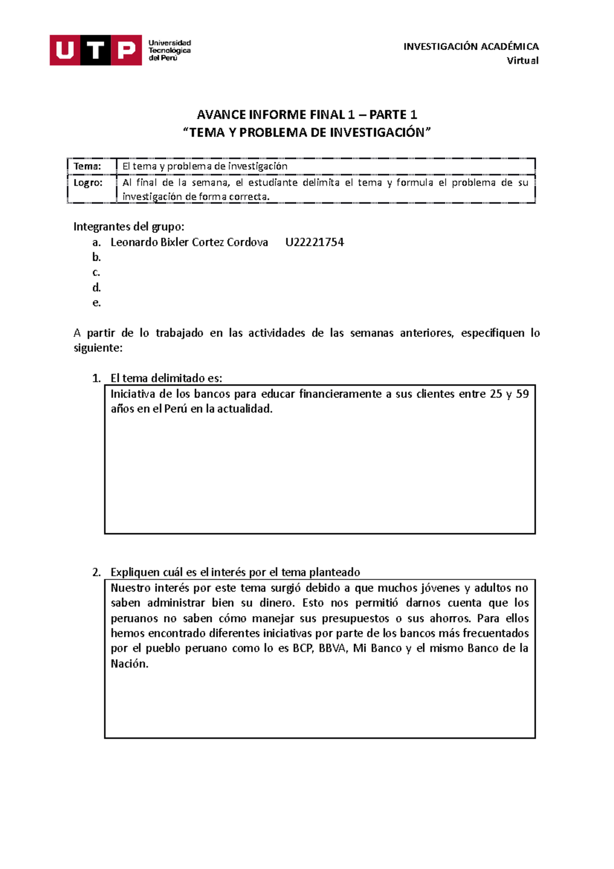 Semana 03-Formato Avance de Informe Final 1 - Parte 1 Tema y problema de investigación - AVANCE ...