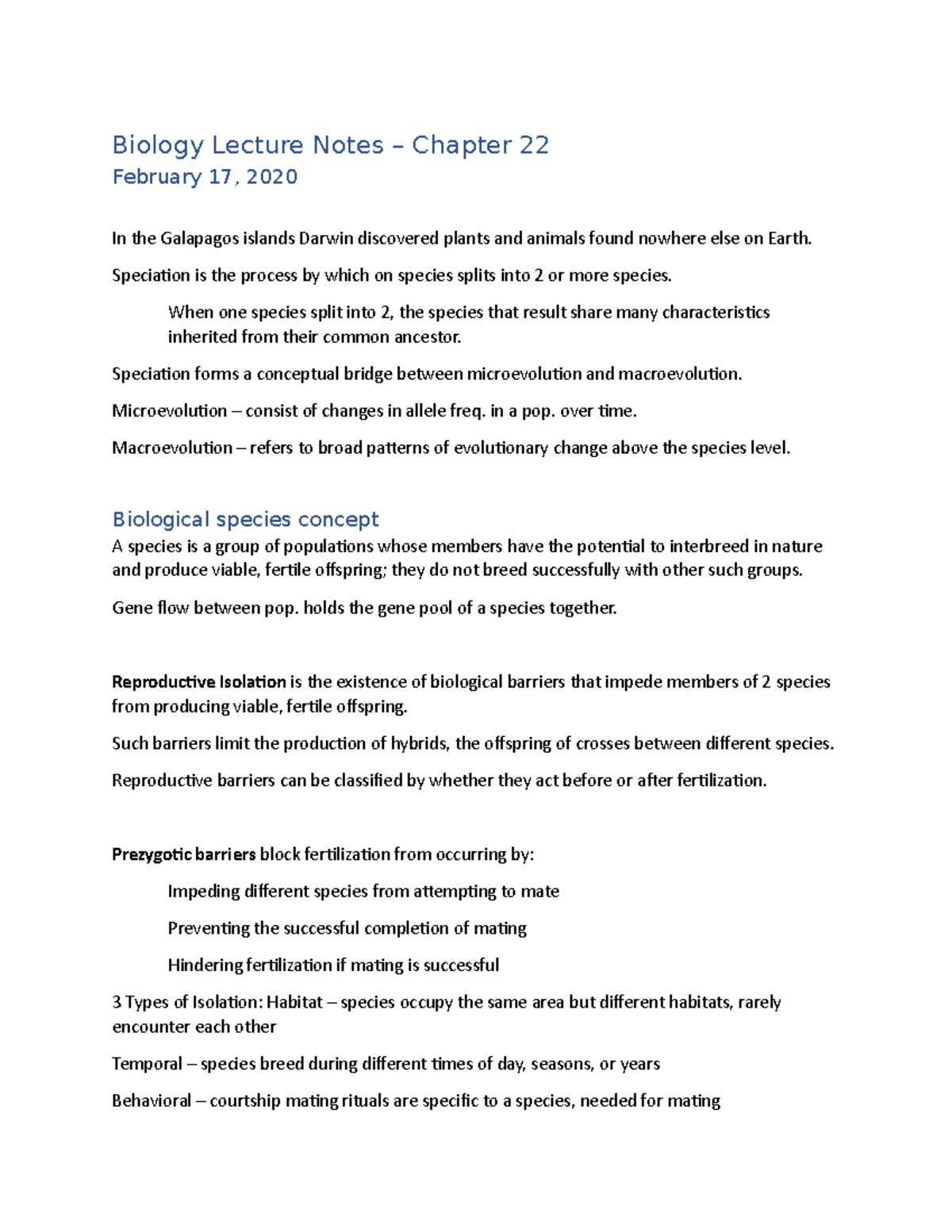 Chapter 22 Notes - Biology Lecture Notes – Chapter 22 February 17, 2020 ...