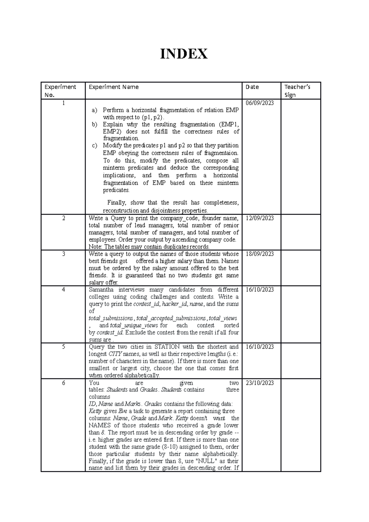 Index Plsql Lab Linux Administration Lab Index Experiment No Experiment Name Date Teachers