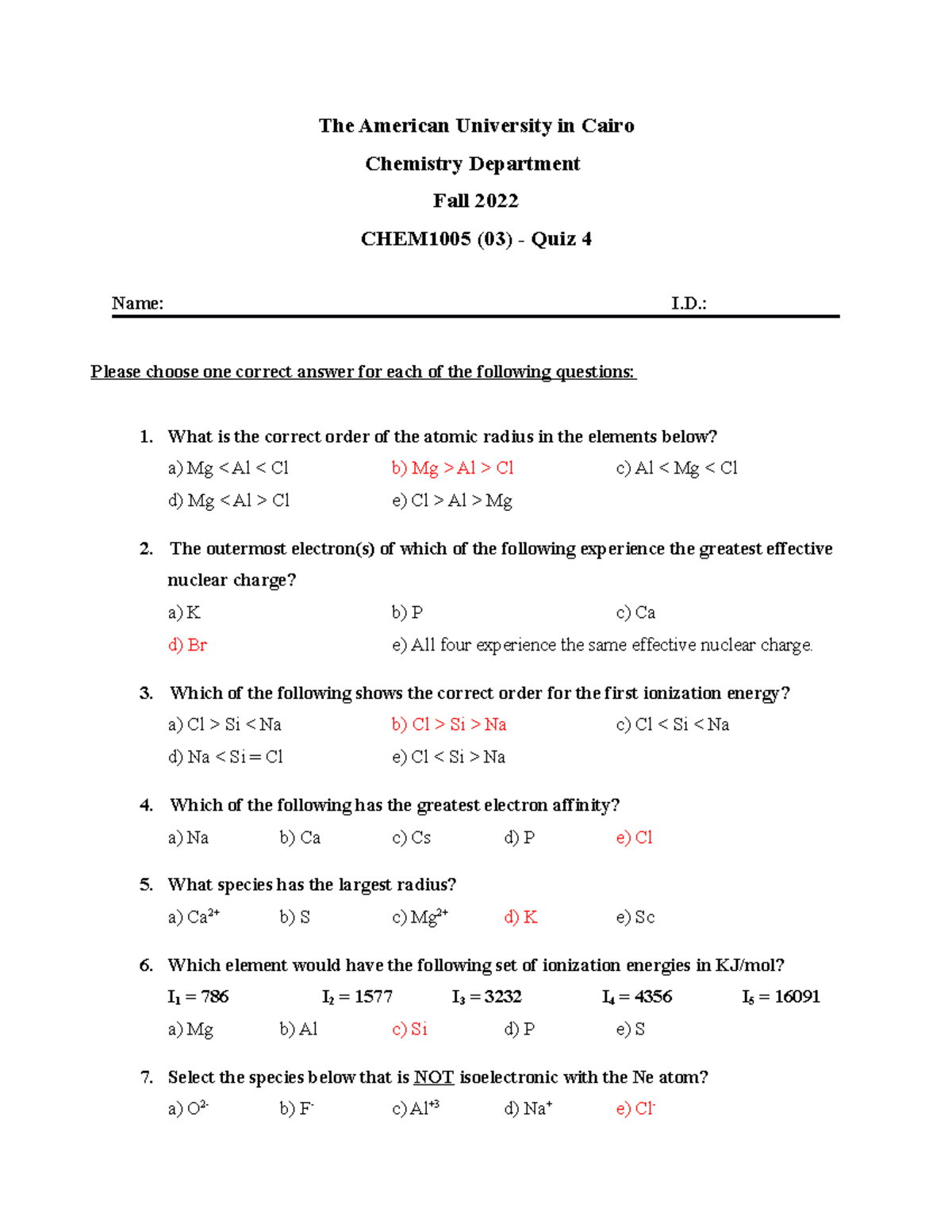 Quiz 4 - key - Copy - Quiz with Solutions - The American University in ...