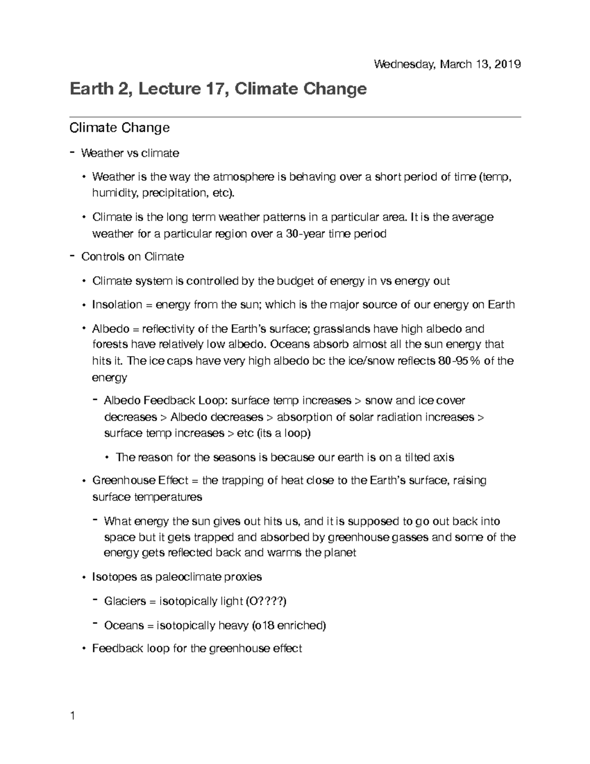 Earth 2, Lecture 17, Climate Change - Wednesday, March 13, 2019 Earth 2 ...