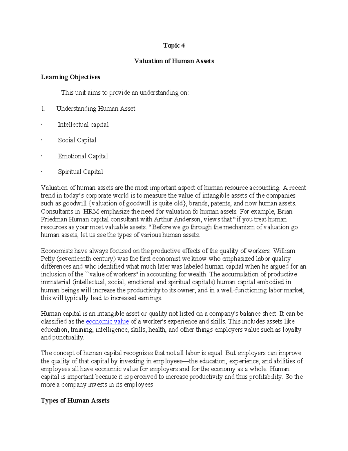 Topic 4- Valuation OF Human Asset - Topic 4 Valuation of Human Assets ...