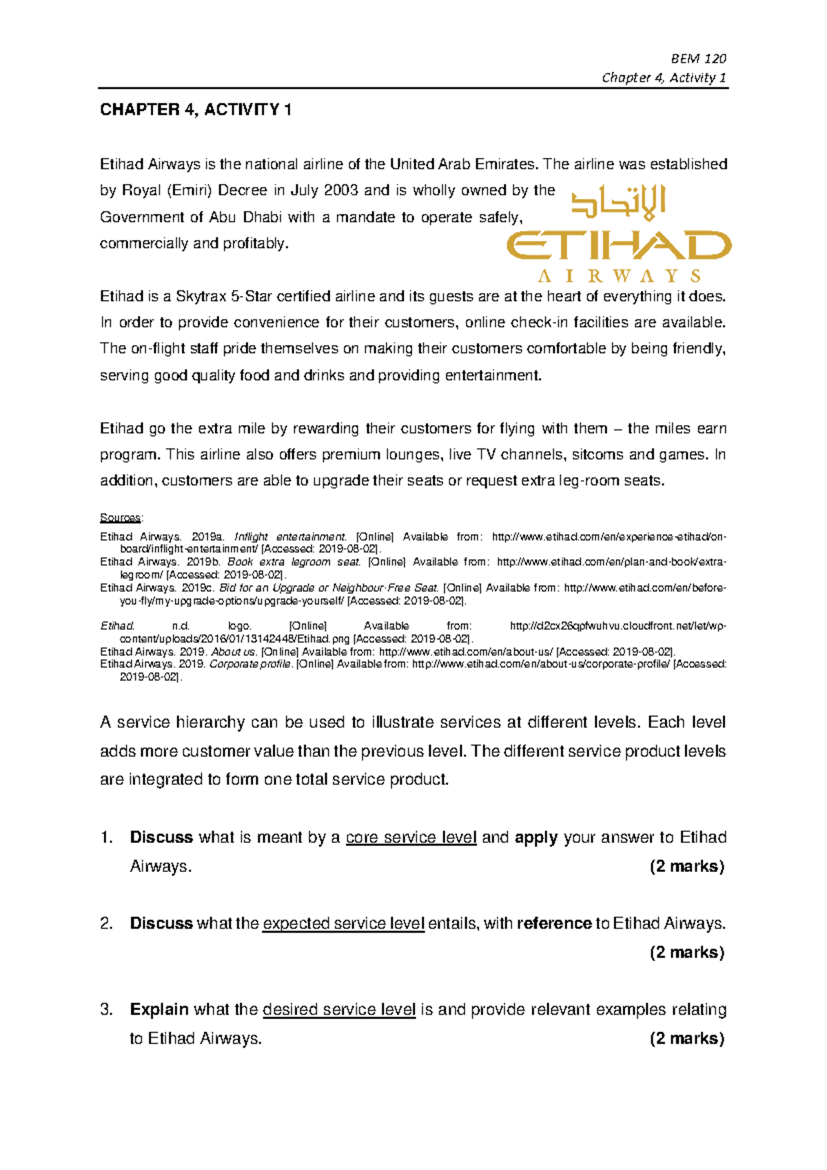 BEM120-2024-Ch4-Activity 1 - BEM 1 20 Chapter 4 , Activity 1 CHAPTER 4 , ACTIVITY 1 Etihad ...