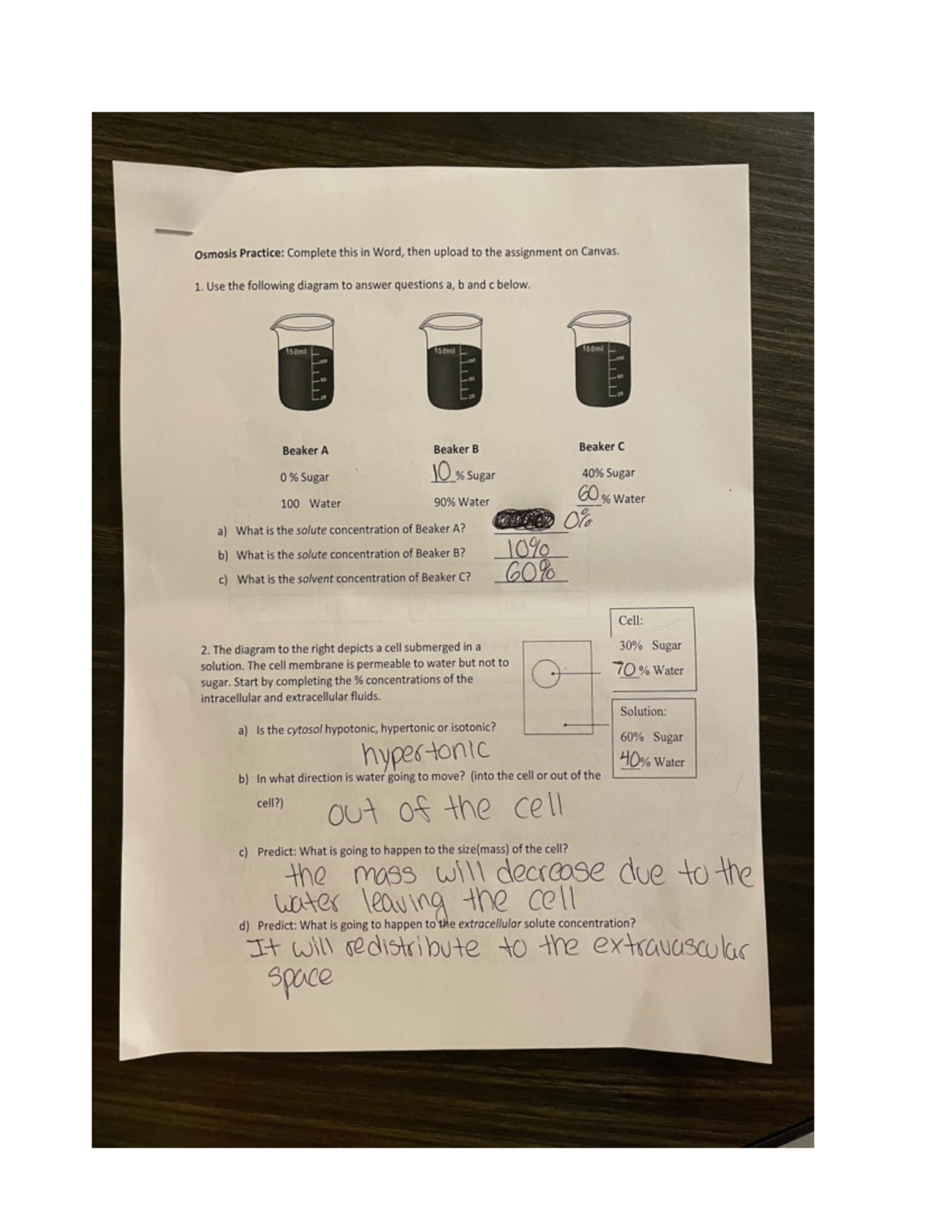 Osmosis Practice - 1. Use the following diagram to answer questions a ...