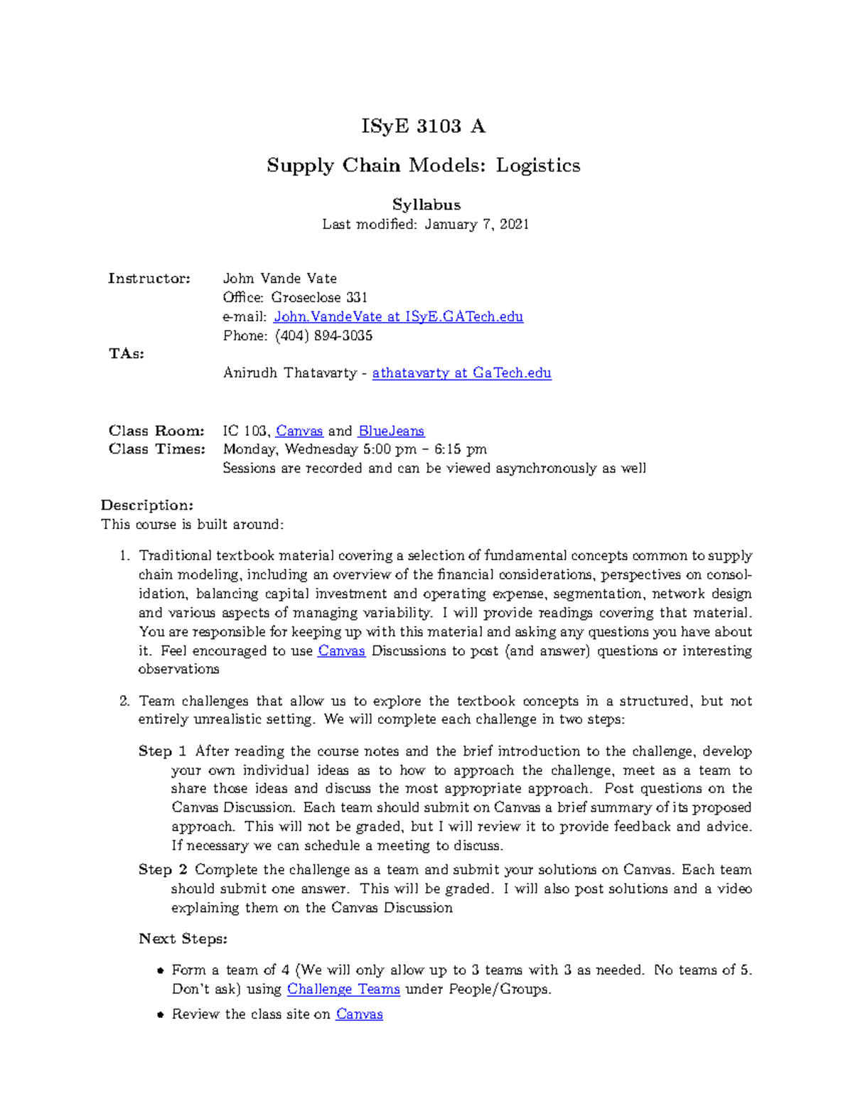 IE 3103 Syllabus - ISyE 3103 A Supply Chain Models: Logistics Syllabus ...
