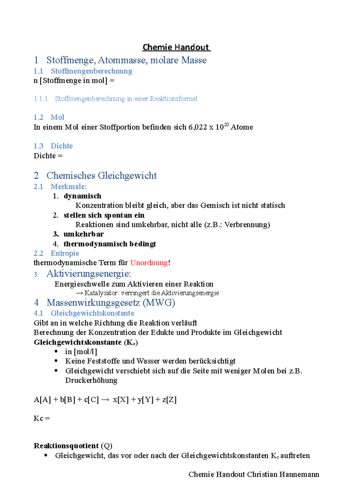 Allgemeine Chemie Handout - Chemie Handout 1 Stoffmenge, Atommasse ...