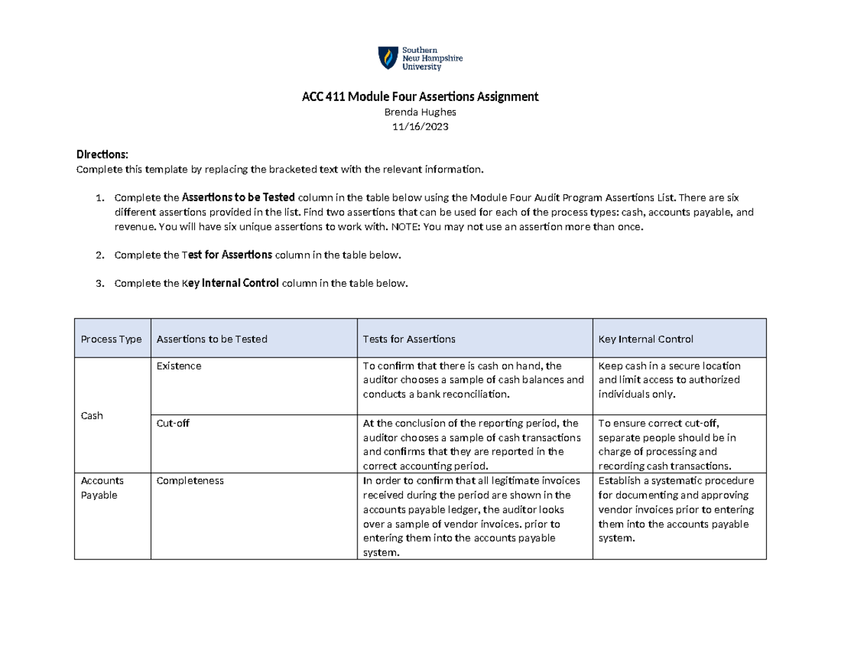 ACC 411 Module Four Assertions Assignment Template - ACC 411 Module Four Assertions Assignment ...