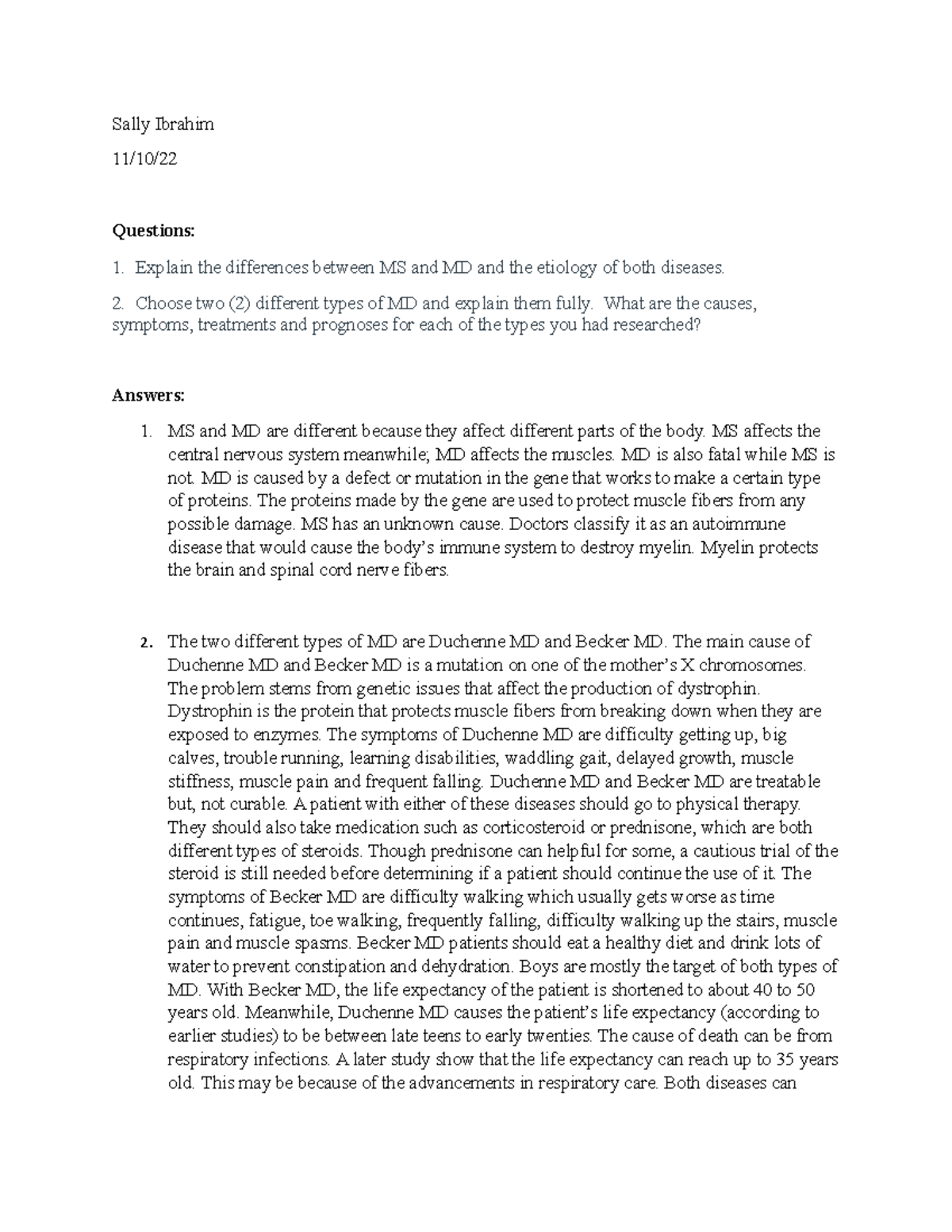 Anatomy and Physiology HW#3 - Sally Ibrahim 11/10/ Questions: Explain ...