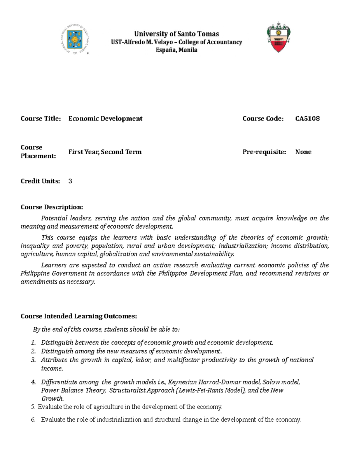 Second Term 2021-2022 Economic Development Course Plan - Course Title ...