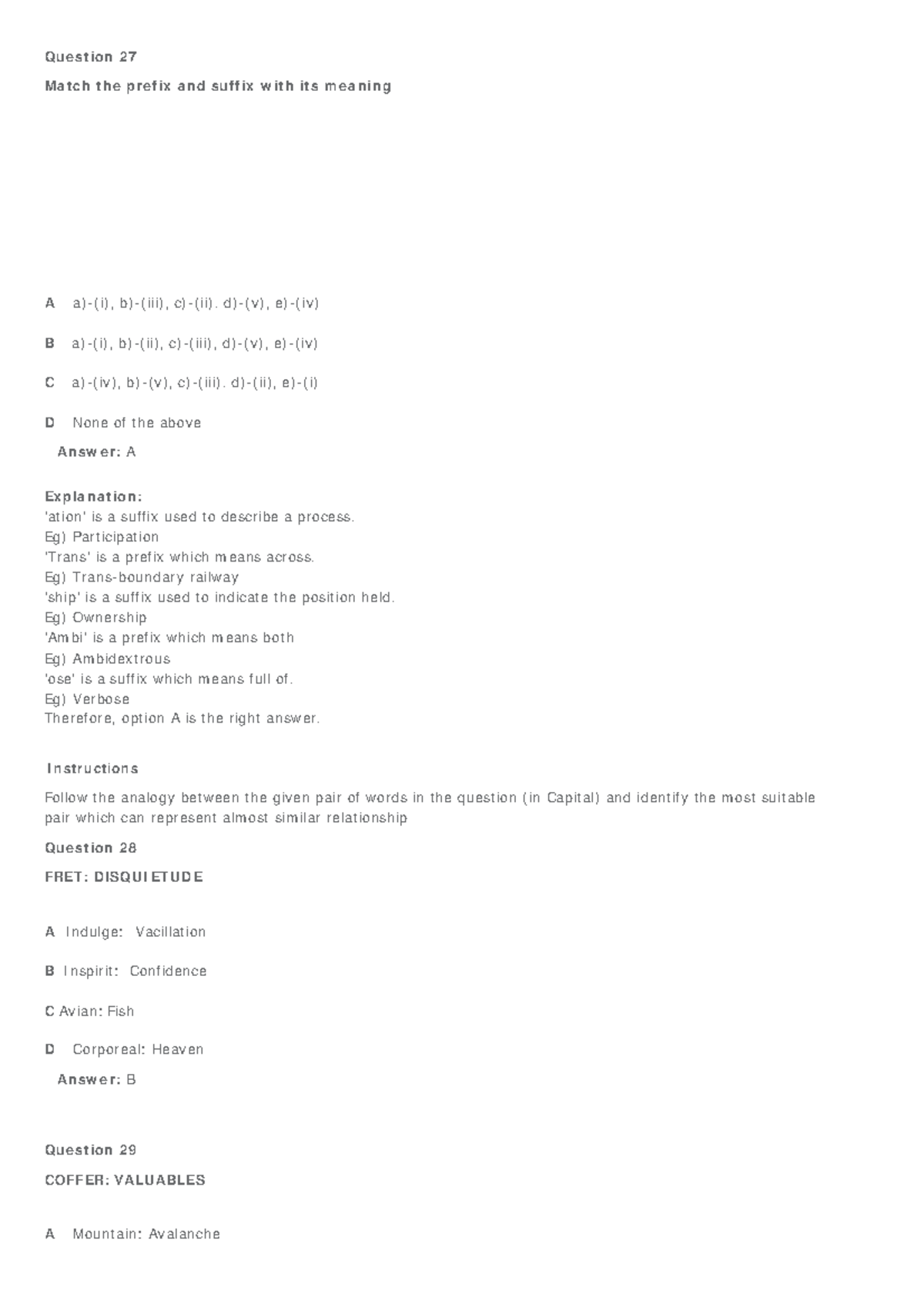 Question Paper Paper with Solutions - Question 27 Match the prefix and ...