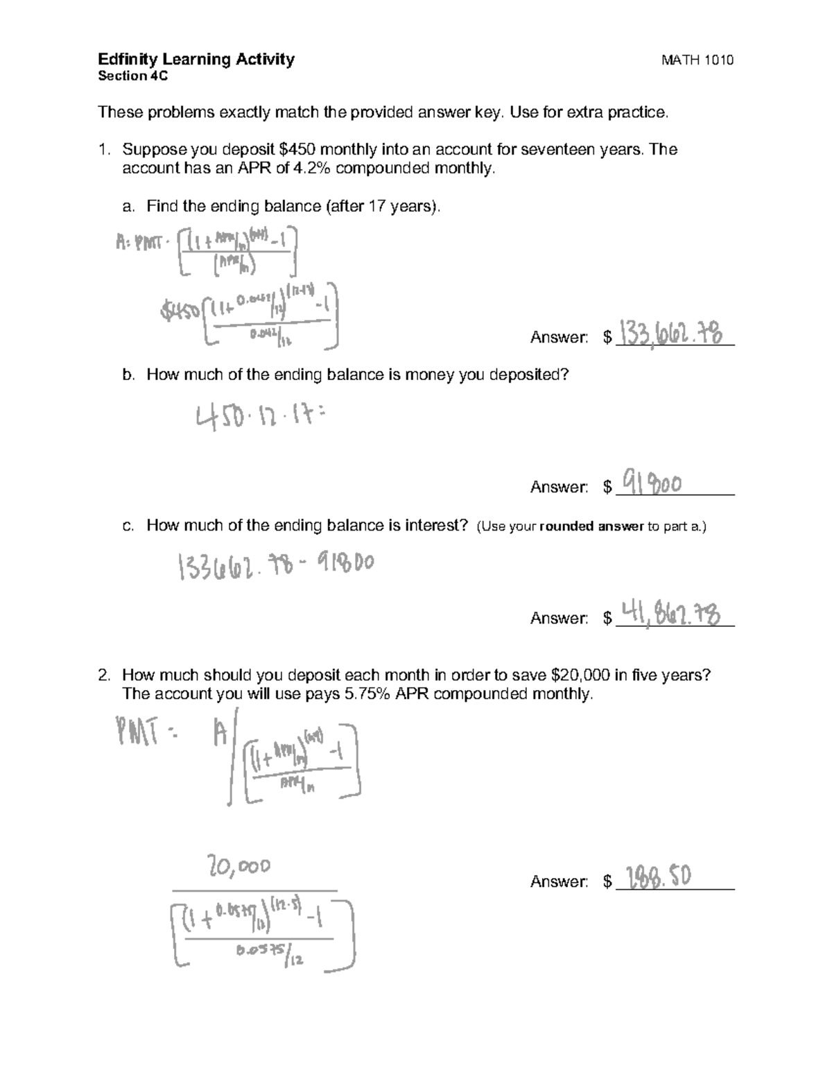 4CActivity - class activity - Edfinity Learning Activity MATH 1010 ...