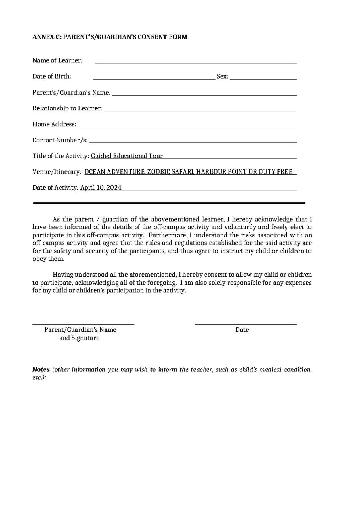 Written Consent Annex C - ANNEX C: PARENT’S/GUARDIAN’S CONSENT FORM ...