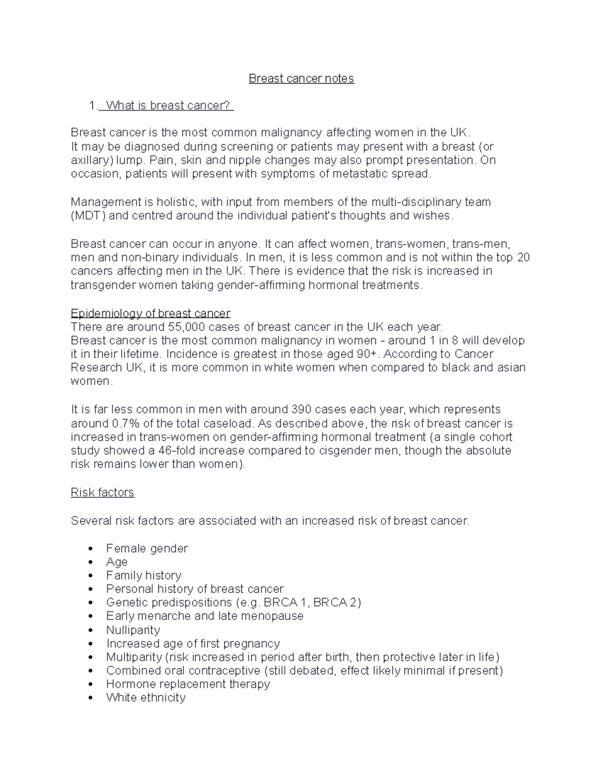 Breast cancer notes - PHA223 - Sunderland - Studocu