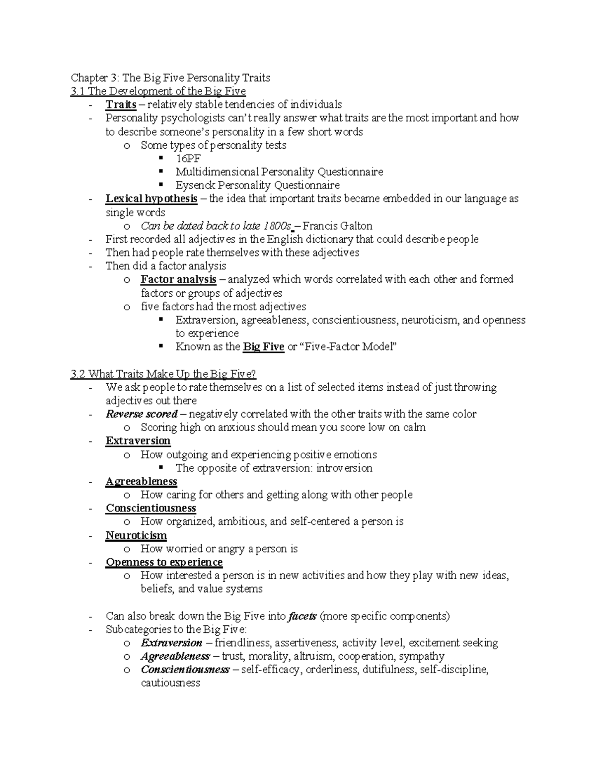 PSY440 Chapter 3 Reading - Chapter 3: The Big Five Personality Traits 3 ...