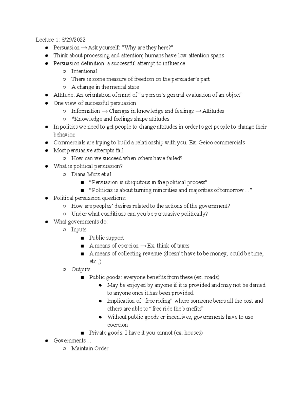 Poli Sci 312 - Lecture 1 8 29 2022 - Lecture 1: 8/29/ Persuasion → Ask ...