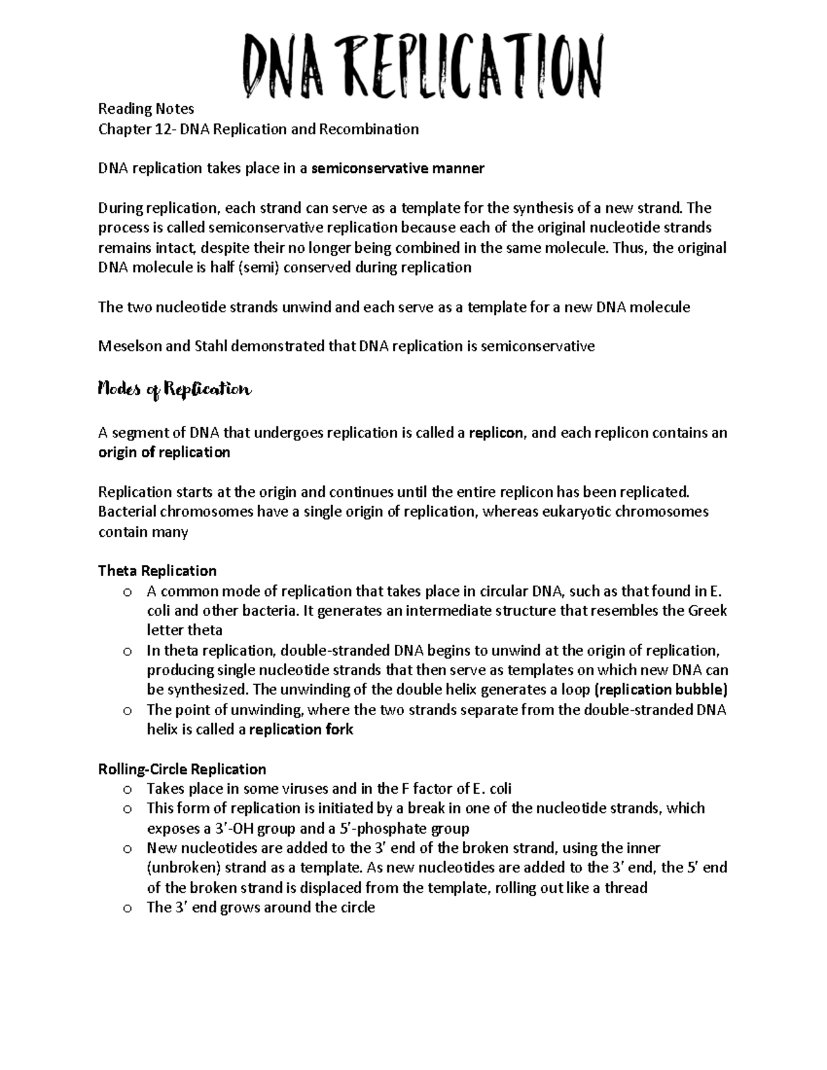 Genetics Chapter 12 DNA Replication Notes - Reading Notes Chapter 12 ...