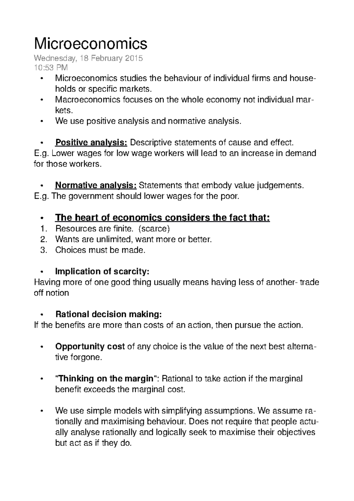 Microeconomics Notes - Microeconomics Wednesday, 18 February 2015 10:53 ...