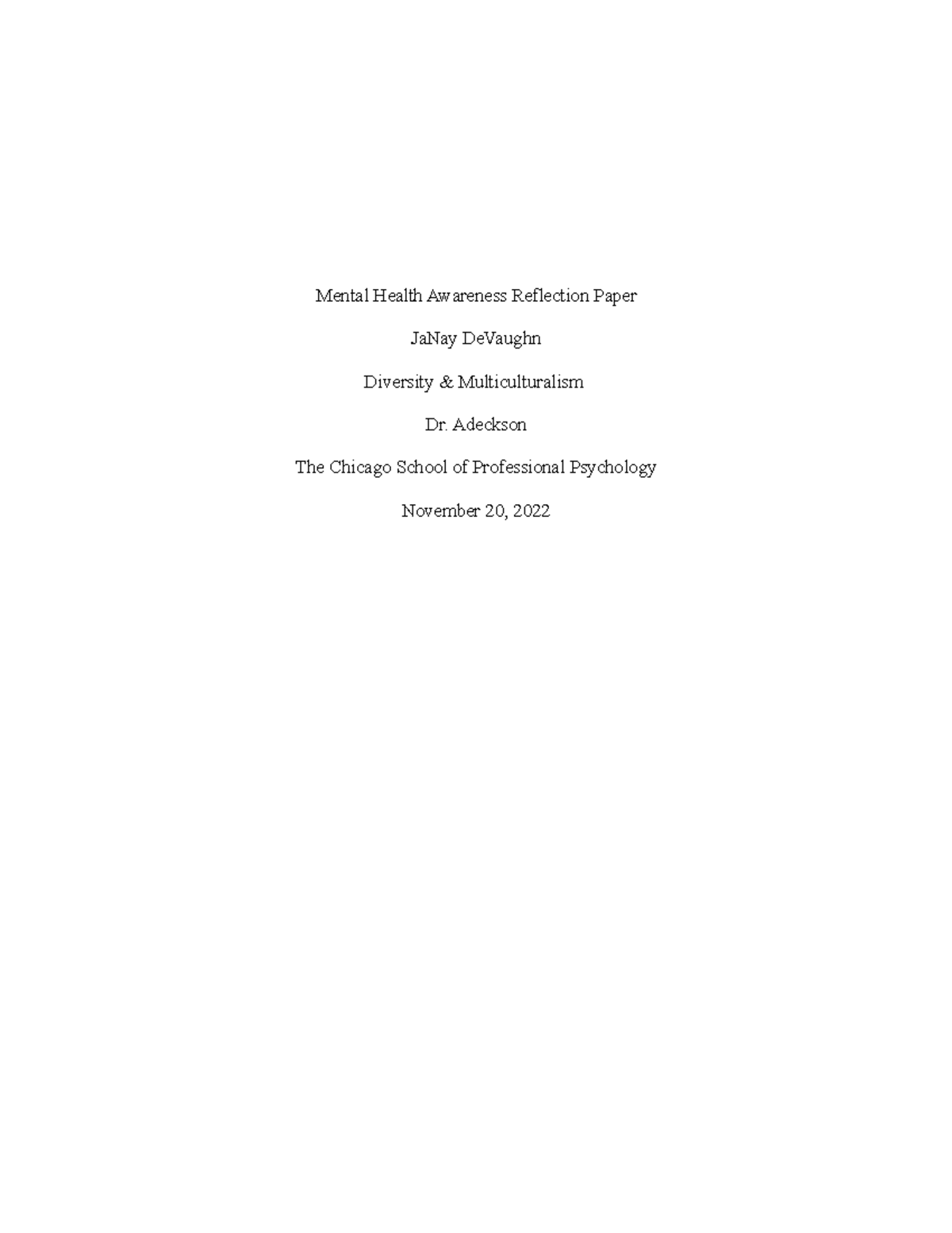 Mental Health Awareness Reflection Paper - Adeckson The Chicago School ...