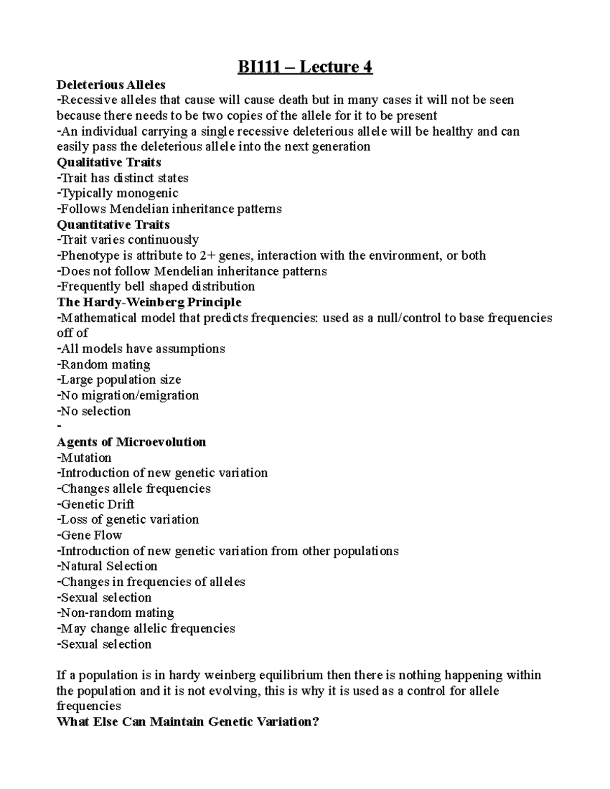Lecture 4 - Dr. Tristan Long - BI111 – Lecture 4 Deleterious Alleles ...
