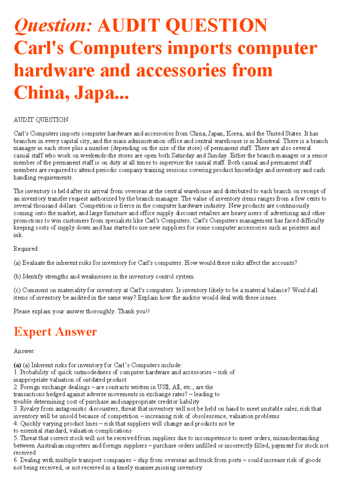 Risk model 6 - aajgvjhvk kjbkjbk bjnkj nnkl - Question: AUDIT QUESTION Carl's Computers imports ...