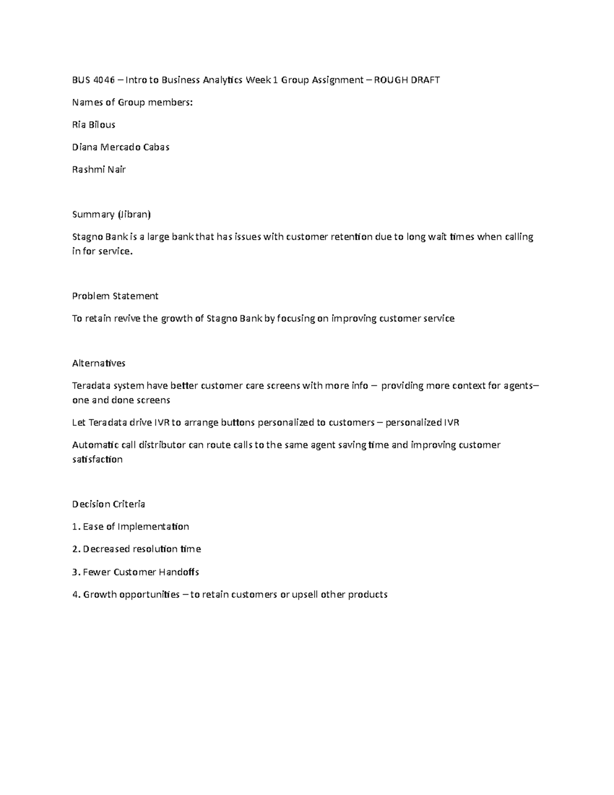 Weekly Assignment 1 - BUS 4046 – Intro to Business Analytics Week 1 Group Assignment – ROUGH ...