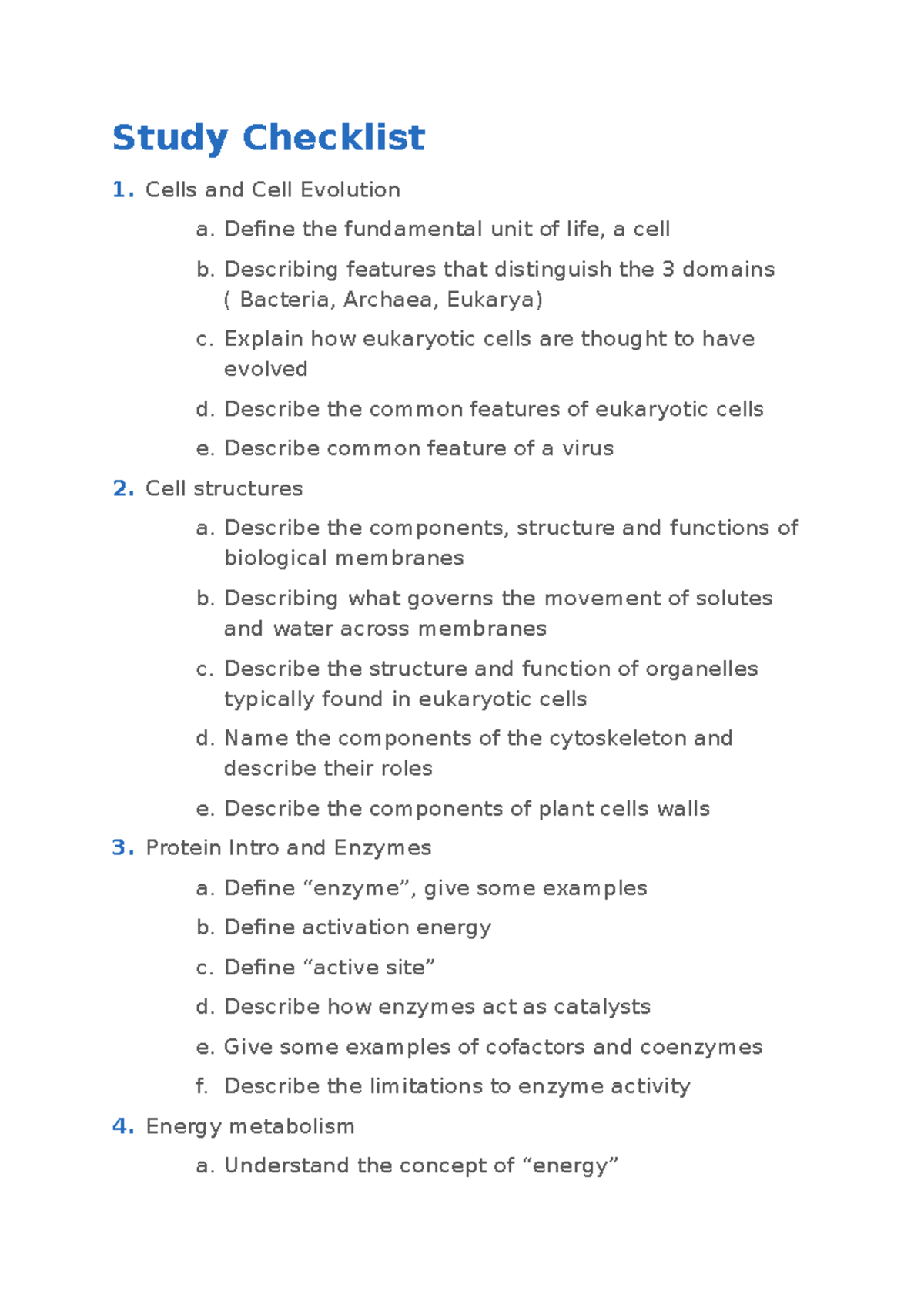Study Checklist - for Exams!! - Study Checklist Cells and Cell ...