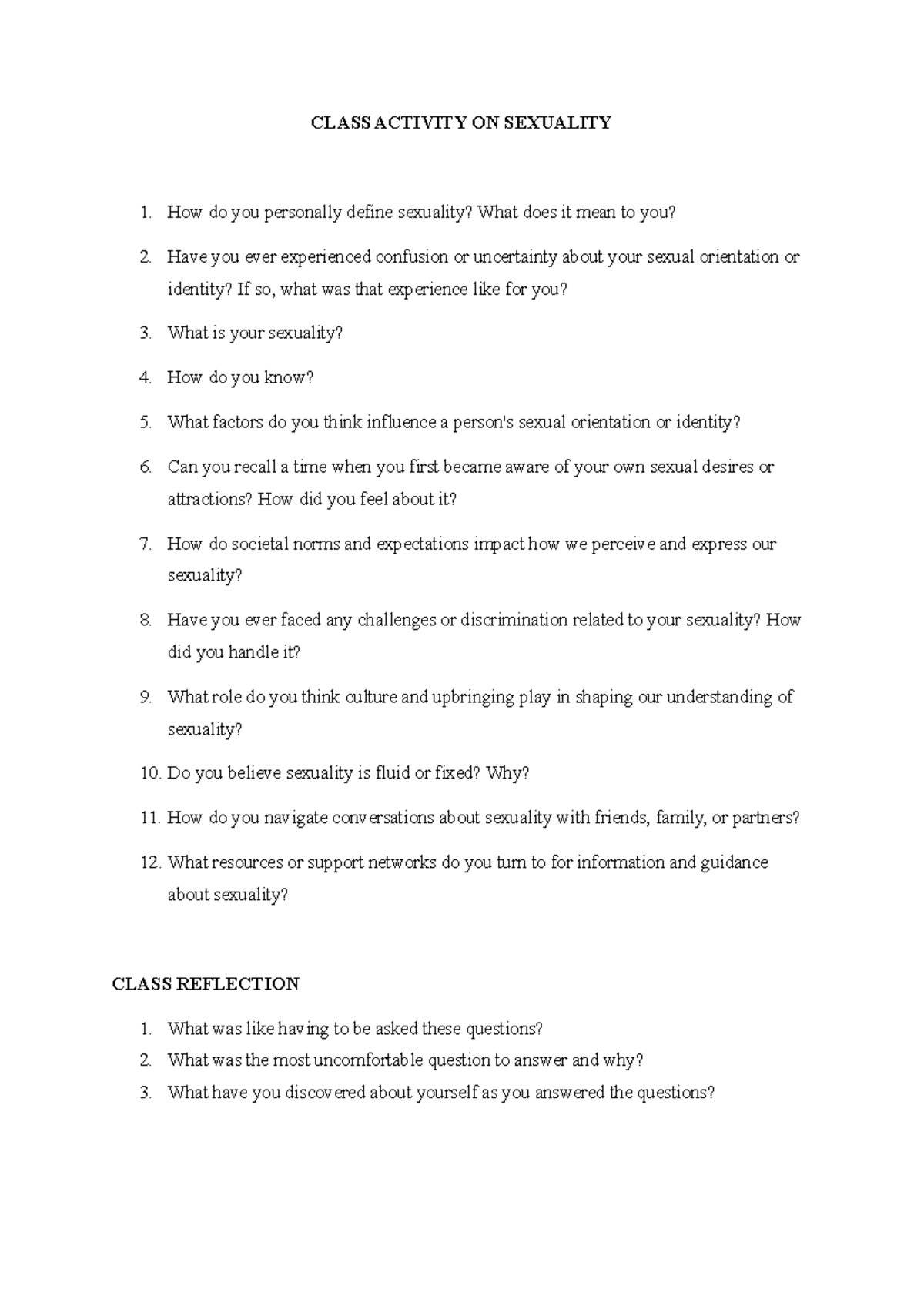 Class Activity ON Sexuality - CLASS ACTIVITY ON SEXUALITY How do you ...
