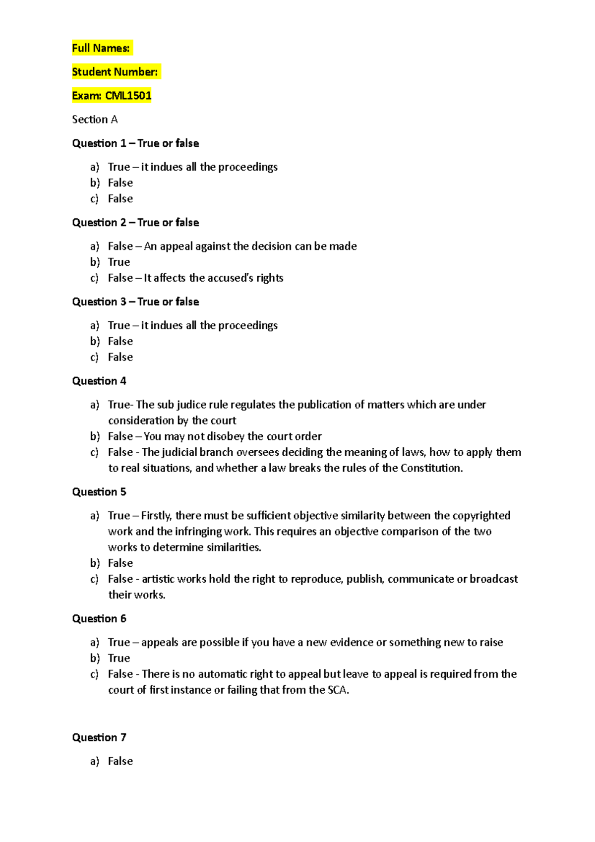 CML Assignment 1 2021 - Full Names: Student Number: Exam: CML Section A ...